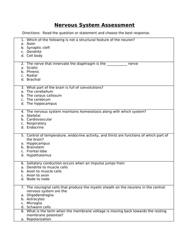 Nervous System Assessment (Anatomy/Biology//Science, Quiz) | Teaching ...