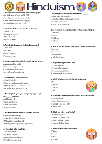 Hinduism Reading Worksheets | Teaching Resources