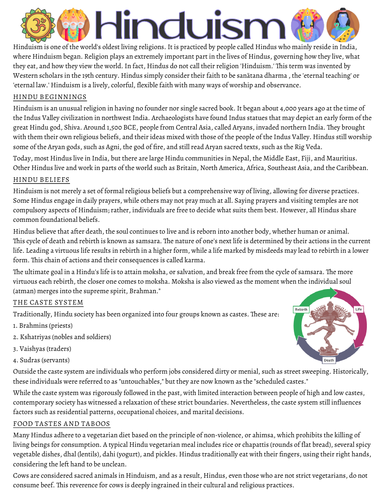 Hinduism Reading Worksheets | Teaching Resources