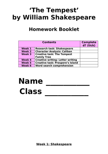 'The Tempest' Homework Booklet | Teaching Resources