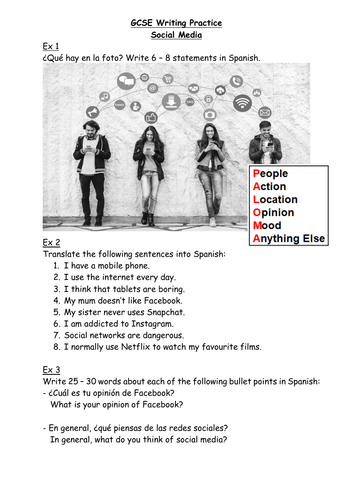 GCSE Spanish (AQA) Writing Worksheets Theme 1 Topic 2: Technology in ...