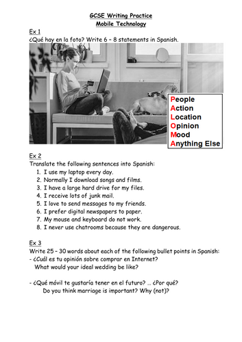 GCSE Spanish (AQA) Writing Worksheets Theme 1 Topic 2: Technology in ...