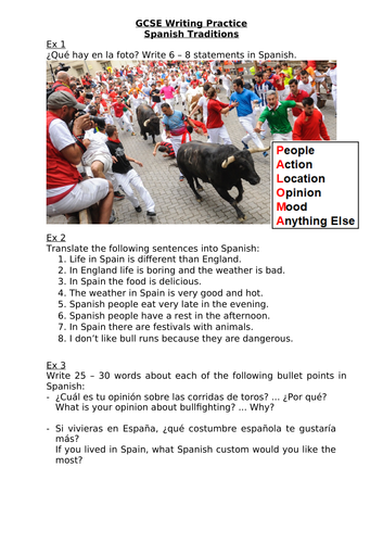 AQA GCSE Spanish Writing Worksheets Theme 1 Topic 4: Customs and ...