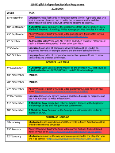 Year-Long Revision Schedule/Homework | Teaching Resources