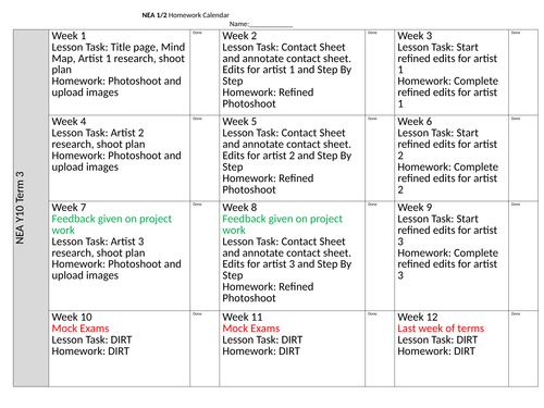 Photography NEA and ESA lesson and homework diary/timetable plan to ...