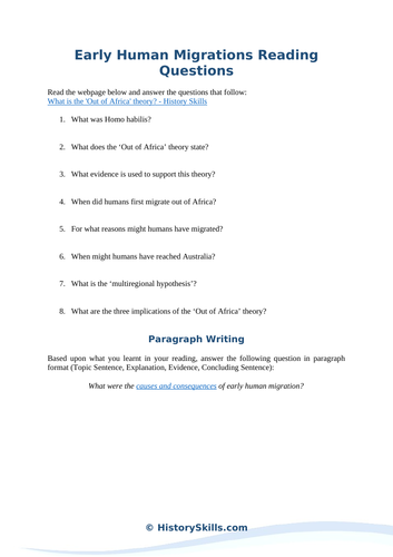 Early Human Migrations Reading Questions Worksheet | Teaching Resources