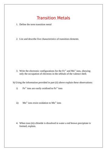 Transition Metals Worksheet | Teaching Resources