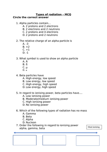 types of radiation MCQ worksheet | Teaching Resources