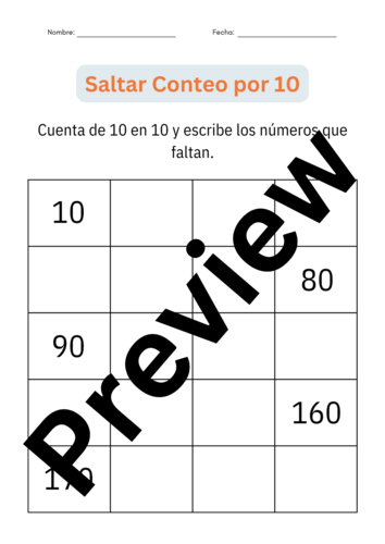Skip Counting by 10 Numbers Math Practice Worksheets in Spanish ...