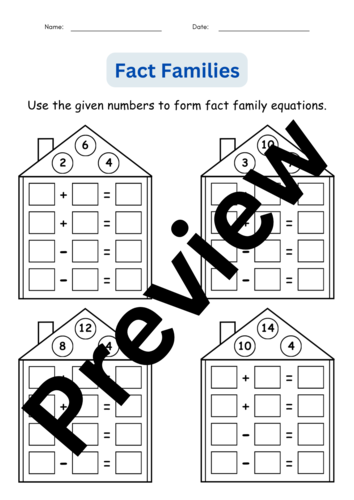 Fact Families Addition and Subtraction Number Math Worksheets for Grade ...