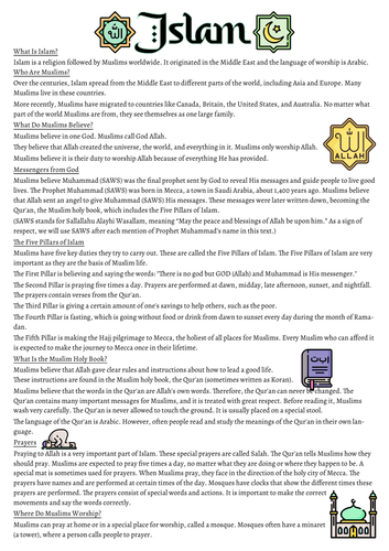 Islam Reading Comprehension | Teaching Resources