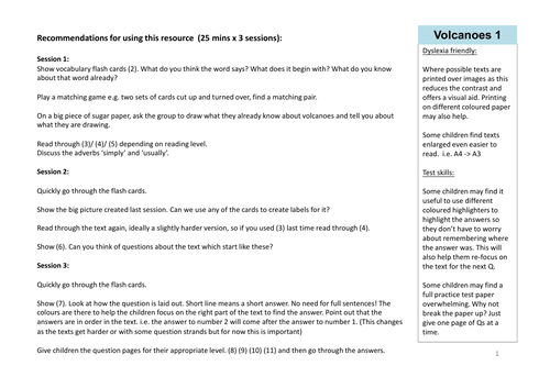 SEN KS2 Reading Comprehension Volcano Pack (3 texts = 9 sessions ...