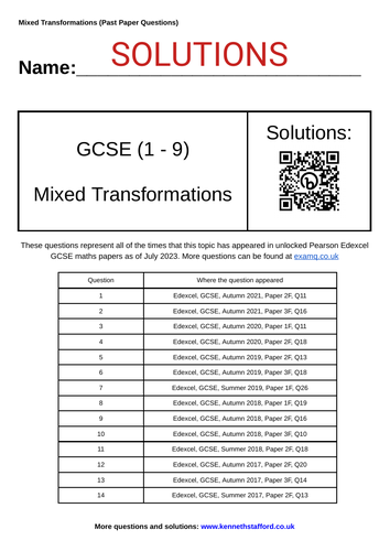 Mixed Transformations. GCSE Maths Past Paper Questions. | Teaching ... Mixed Transformations. GCSE Maths Past Paper Questions. | Teaching ...