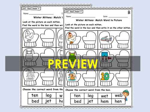CVC Phonics Word Work Worksheets Mittens Winter | Teaching Resources