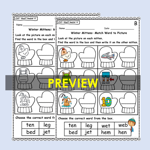 CVC Phonics Word Work Worksheets Mittens Winter | Teaching Resources