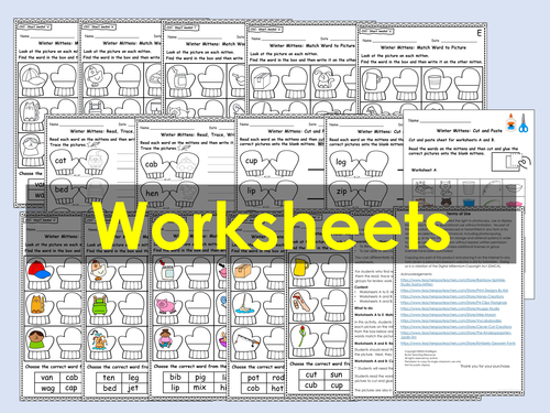 CVC Phonics Word Work Worksheets Mittens Winter | Teaching Resources