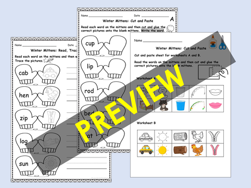 CVC Phonics Word Work Worksheets Mittens Winter | Teaching Resources