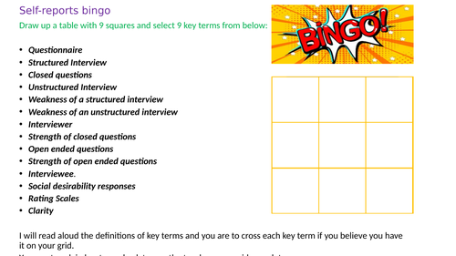 Self-Report Bingo (Interview and Questionnaires) - Research Methods ...