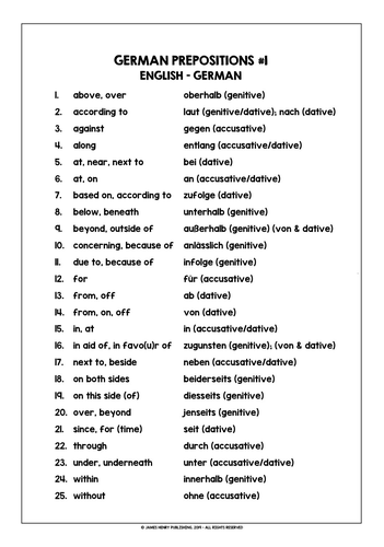 GERMAN PREPOSITIONS LIST FREEBIE #1 | Teaching Resources GERMAN PREPOSITIONS LIST FREEBIE #1 | Teaching Resources