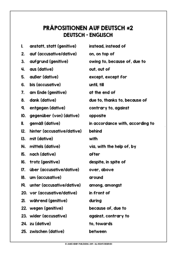 GERMAN PREPOSITIONS LIST FREEBIE #2 | Teaching Resources GERMAN PREPOSITIONS LIST FREEBIE #2 | Teaching Resources