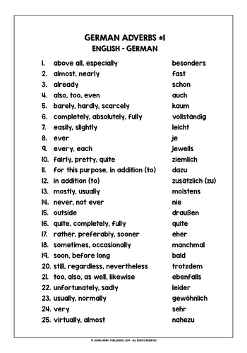 GERMAN ADVERBS LIST FREEBIE #1 | Teaching Resources GERMAN ADVERBS LIST FREEBIE #1 | Teaching Resources