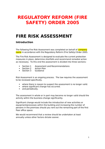 Fire Risk Assessment | Fire Safety Guide | Teaching Resources