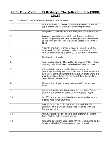 U.S. History: The Jefferson Era (1800-1815) Worksheet | Teaching Resources