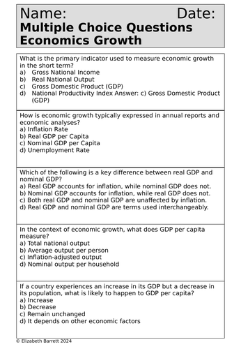A Level Economics - Questions - Theme 2 - Economic Growth | Teaching ...