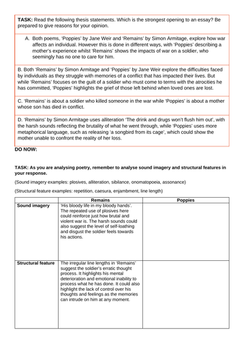 Comparing Remains and Poppies | Teaching Resources Comparing Remains and Poppies | Teaching Resources