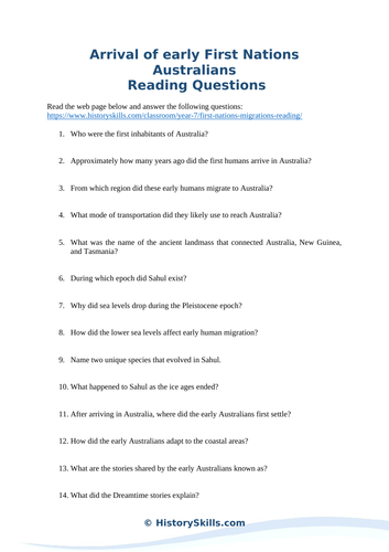 Arrival of early First Nations Australians Reading Questions Worksheet ...