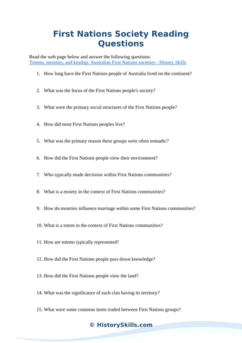 Australian First Nations Society Reading Questions Worksheet | Teaching ...