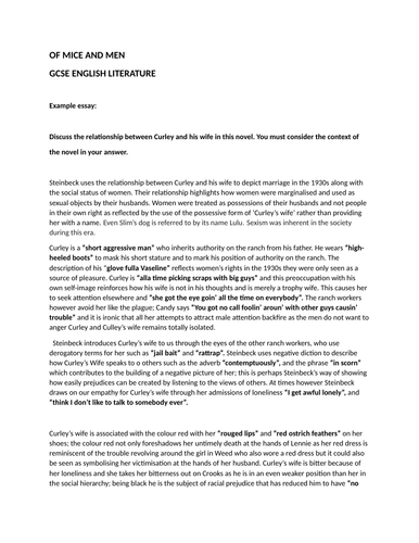 Example Essay on Curley and Curley's Wife "Of Mice and Men" GCSE ...