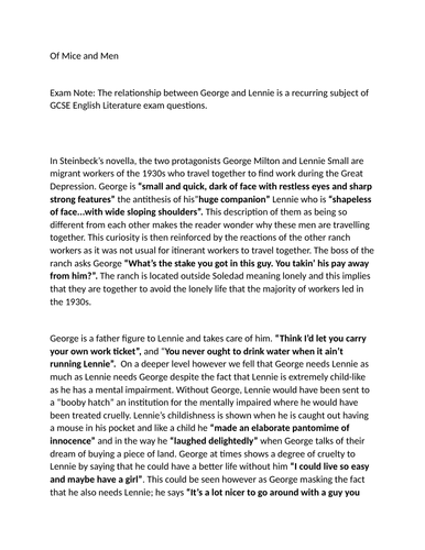 Example Essay on the relationship of George and Lennie GCSE "Of Mice ...