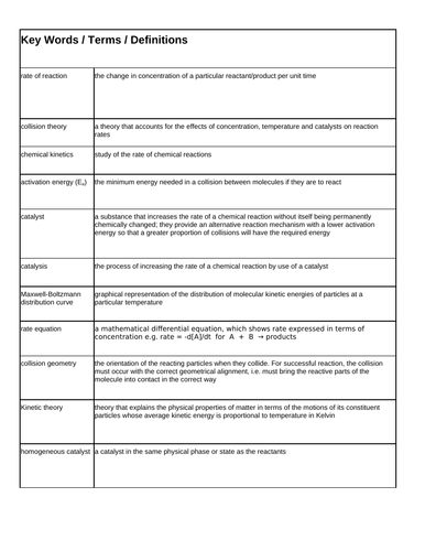 6 Kinetics Booklet and Keywords - IBDP Chemistry | Teaching Resources