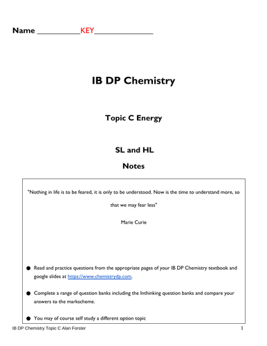 C Energy Option Booklet and Keywords - IBDP Chemistry | Teaching Resources