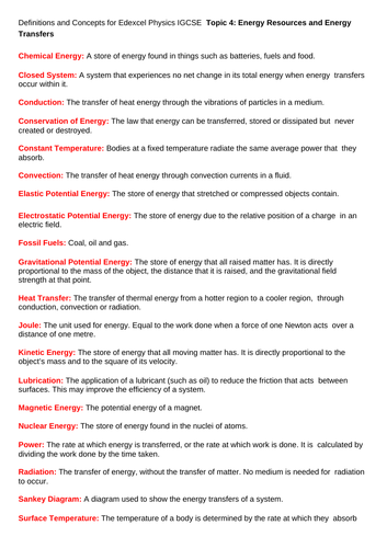 IGCSE Edexcel Physics - Energy - Calculations, Notes and Definitions ...