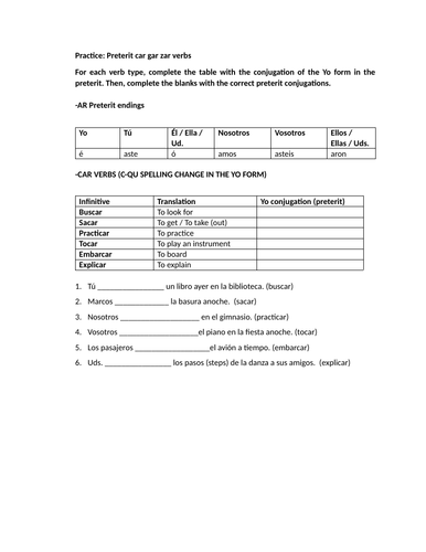 Practice: Preterit car gar zar verbs | Teaching Resources