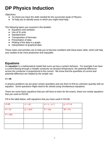 IBDP Physics Induction Doc | Teaching Resources