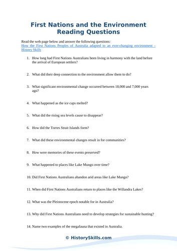 Australian First Nations and the Environment Reading Questions ...