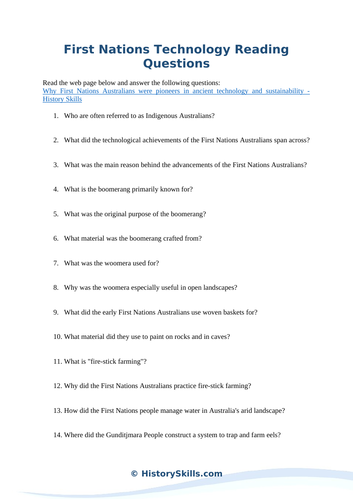 Australian First Nations Technology Reading Questions Worksheet ...