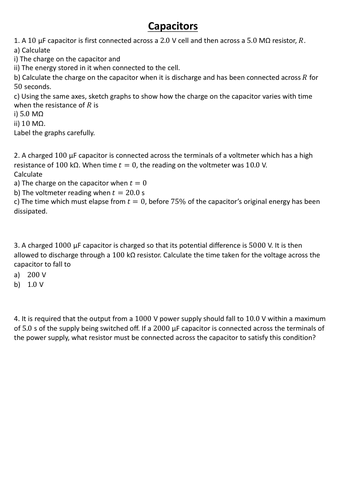 AQA Unit 10: Capacitors Questions (A-Level) | Teaching Resources