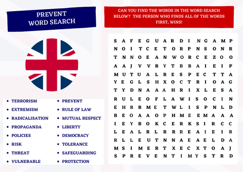 Prevent British Values Word Search & 2X Colour in Word Posters ...