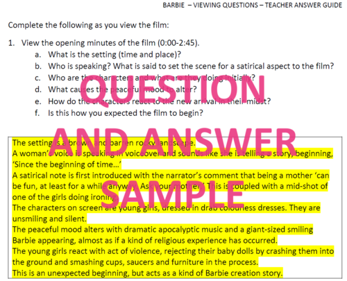 Barbie - Film Viewing Questions (including teacher answers) | Teaching ...