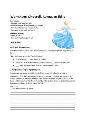 Cinderella Language Skills Worksheet | Teaching Resources