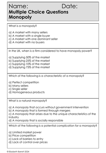 A Level Economics - Questions - Theme 3.4 - Monopoly | Teaching Resources