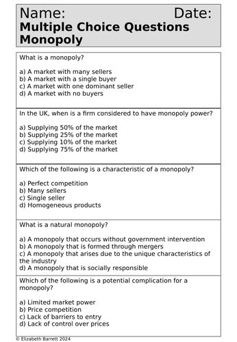 A Level Economics - Questions - Theme 3.4 - Monopoly | Teaching Resources