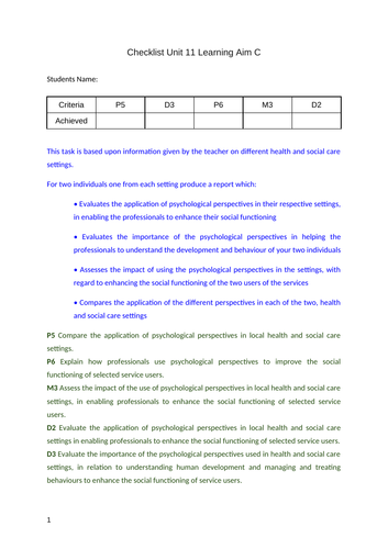 Unit 11 Checklist Bundle Level 3 BTEC Health and Social Care | Teaching ...
