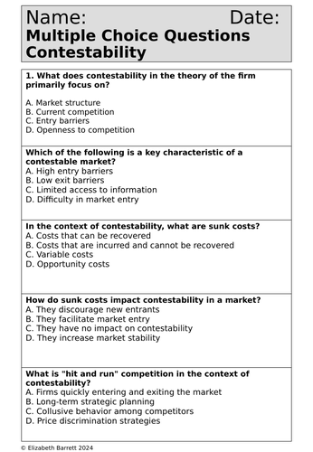 A Level Economics - Question Worksheets - Theme 3.4 - Contestability ...