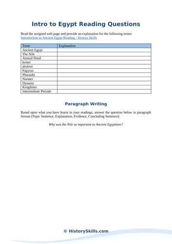Intro to Egypt Reading Questions Worksheet | Teaching Resources