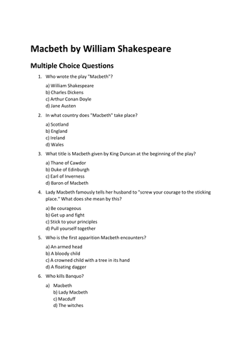Macbeth Multiple Choice Assessment | Teaching Resources